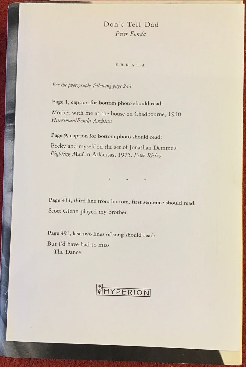 Don't Tell Dad, Peter Fonda, Hyperion, 1998. **SIGNED by Jane Fonda ...